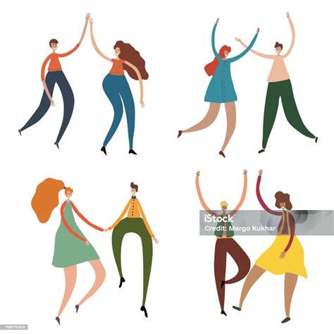 쌍 젊은 댄스 사람들의 컬렉션입니다 흰색에 고립 된 행복한 남성과 여성 댄서 댄스 파티를 즐기는 미소 남성과 여성 캐릭터 플랫 만화 스타일의 다채로운 벡터 일러스트레이션