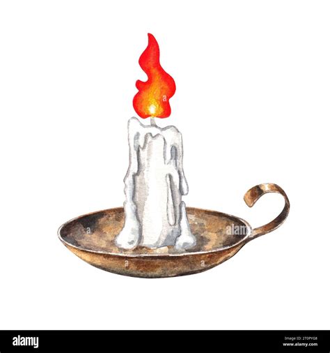 A Lit Candle In A Candlestick Watercolor Hand Drawn Illustration Of A Melted Candle In An