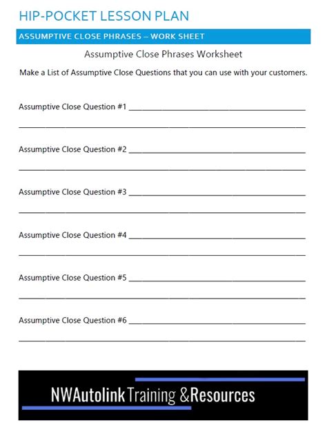 Hip Pocket Lesson Plan Assumptive Closing Phrases Work Sheet