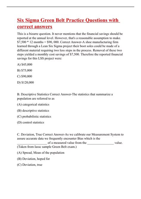 Six Sigma Green Belt Practice Questions With Correct Answers Six