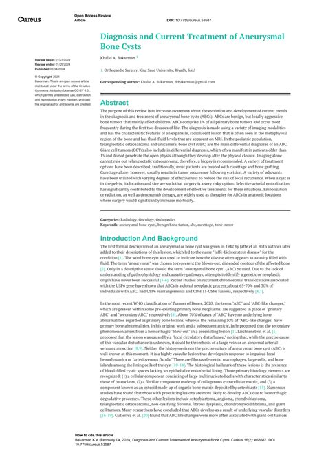 Pdf Diagnosis And Current Treatment Of Aneurysmal Bone Cysts