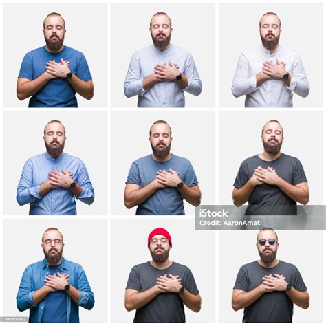 콜라주와 웃 고 고립 된 배경 위에 젊은 남자의 얼굴에 닫힌된 눈와 감사와 함께 가슴에 손 건강 개념입니다 감사에 대한 스톡 사진 및 기타 이미지 Istock