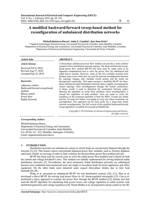 A Modified Backwardforward Sweep Based Method For Reconfiguration Of Unbalanced Distribution