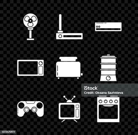 토스트 아이콘과 함께 전기 팬 라우터 및 와이파이 신호 에어컨 게임 패드 텔레비전 오븐 전자 레인지 및 토스터를 설정합니다 벡터