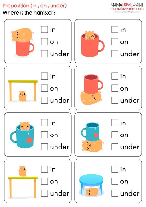 Grade 1 English Worksheets Prepositions Level 1 In On Under Level 2 In Front Of Behind Between