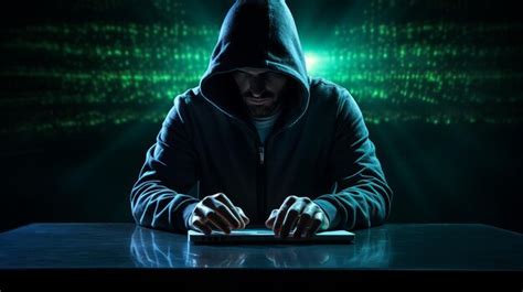 Premium Photo A Hacker In A Black Hoodie Is Typing On A Keyboard With A Green Background