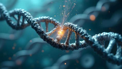 Microscope Style 3d Concept Render Of Broken Blue Dna Helix With Floating Nucleotide Fragments