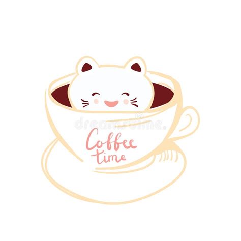Coffee Time Cute Kawai Cat In Cup Of Froth Art Coffee Isolated On White Background Latte Art