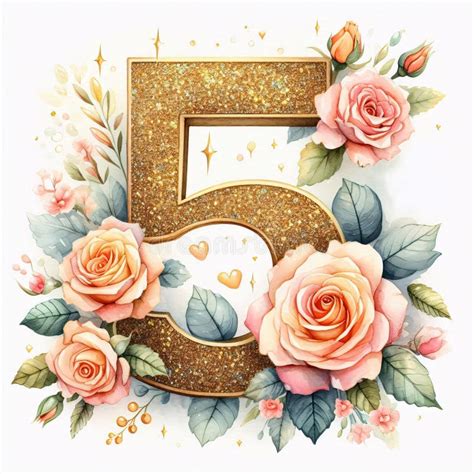 Number Five Glittering Graphic With Pastel Roses And Foliage On White