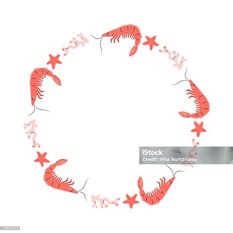새우가 있는 둥근 프레임 빨간 새우와 흰색 배경 엽서 및 포스터용 벡터 일러스트 레이 션 갑각류에 대한 스톡 벡터 아트 및 기타 이미지 Istock