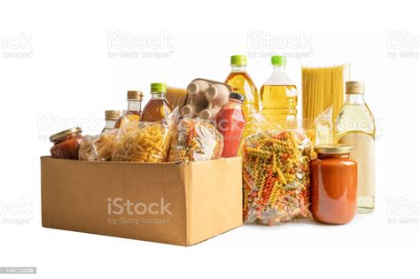 기부 보관 및 배달을위한 식품 골판지 상자에 다양한 음식 파스타 식도유 및 통조림 식품 0명에 대한 스톡 사진 및 기타 이미지 Istock