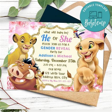 Lion King Gender Reveal Invitation Customizable Template Diy Bobotemp