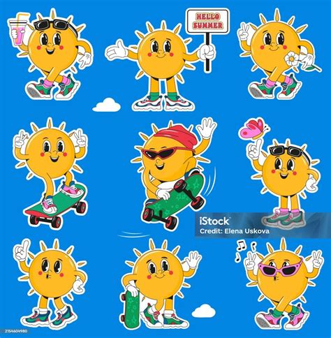복고풍 만화 스타일의 태양 캐릭터의 여름 스티커 스케이트 꽃 음료 나비 신발 및 문구와 함께 다양한 이미지에 9 개의 태양 세트