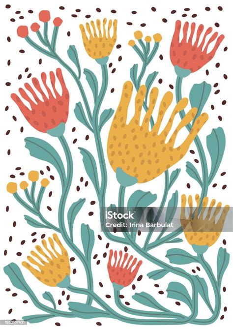 화려하고 밝은 여름 복고풍 배경 나뭇잎 꽃 질감이 있는 그림이 있는 추상적인 패턴 현대적인 스타일의 튤립이 있는 트렌디한 프린트 인쇄 배너 엽서용 A4 크기 포스터 벡터