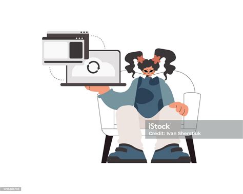 활력이 넘치는 여성은 데이터가 동기화되는 태블릿을 들고 있습니다 보관 트렌디한 스타일 벡터 일러스트레이션 그래픽 사용자 인터페이스에 대한 스톡 벡터 아트 및 기타 이미지