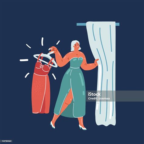 쇼핑 패션 옷 행복 한 여자의 만화 벡터 일러스트 레이 션 옷 가게에서 드레스를 시도 구매에 대한 스톡 벡터 아트 및 기타 이미지 구매 벡터 상점 Istock