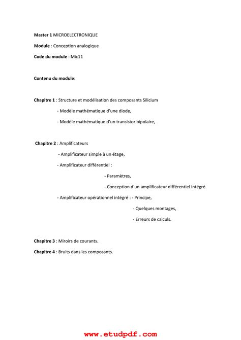 Conception Des Circuits Intégrés Analogiques Master 1 Microelectronique Module Conception