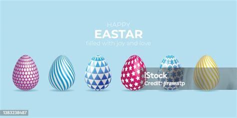 벡터 여섯 부활절 달걀 은 밝은 파란색 배경에 다양한 패턴 행복 부활절 행복과 사랑 부활절 프로모션 및 쇼핑 템플릿의 전체 일러스트 레이 터 0명에 대한 스톡 벡터 아트 및