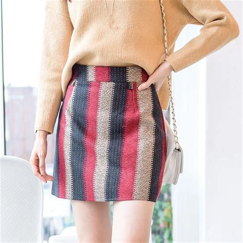 Doreenbow Vintage Striped Wool Cotton Mini Skirt Autumn Winter Sexy New