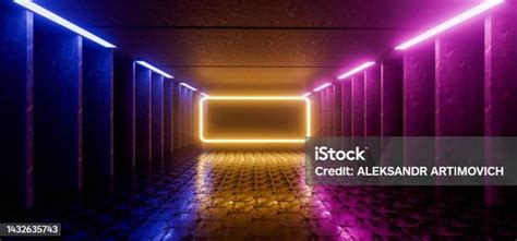 미래 지향적 인 공상 과학 추상 파란색과 보라색 네온 빛과 텍스트 3d 렌더링을위한 노란색 프레임이있는 콘크리트 0명에 대한 스톡 사진 및 기타 이미지 Istock