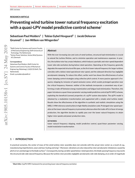 Pdf Preventing Wind Turbine Tower Natural Frequency Excitation With A Quasi Lpv Model