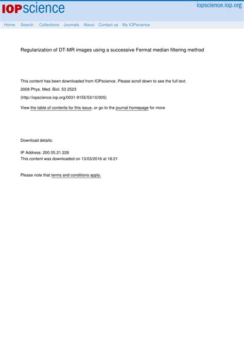 Pdf Regularization Of Dt Mr Images Using A Successive Fermat Median Filtering Method