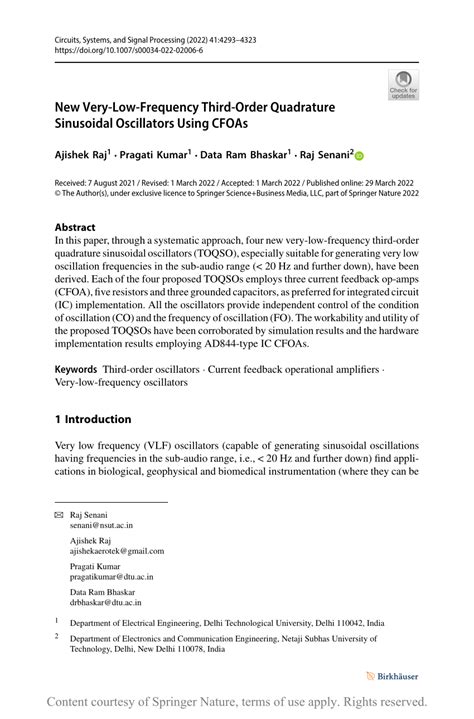 New Very Low Frequency Third Order Quadrature Sinusoidal Oscillators Using Cfoas Request Pdf