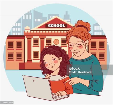 교실에서 노트북을보고 교사와 귀여운 소녀 어머니가 홈 스쿨링 및 교육을 위해 노트북을 사용하여 온라인 수업에서 배울 딸을 가르친다 가족에 대한 스톡 벡터 아트 및 기타