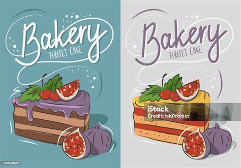 포스터 케이크 한 조각의 그림 초콜릿과 바닐라 스폰지 케이크와 베리 아이싱 체리와 무화과 장식 레터링 일러스트 베이커리 갈색에