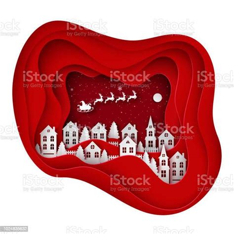 겨울 도시 시골 풍경 눈 덮인 마을 귀여운 종이 집 소나무와 산타 Deers 하늘에 비행으로 메리 크리스마스와 새 해 종이 예술 배경 건물 외관에 대한 스톡 벡터 아트 및