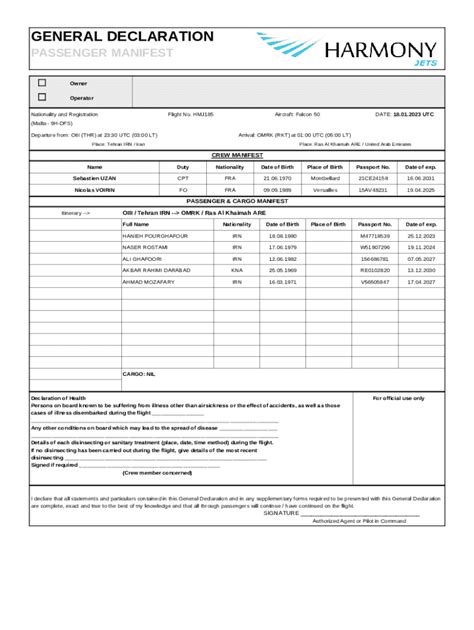 Passenger Manifest Declaration Blank Fillable Template Fill Out