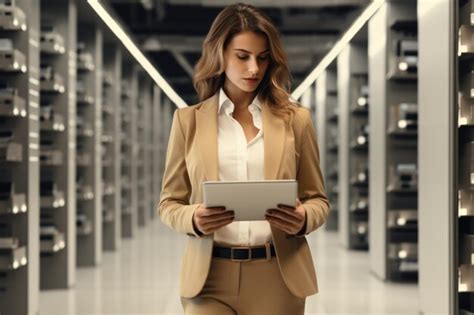 Premium AI Image Full Body Data Center Worker Woman With Tablet Generative AI