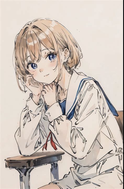 Anime Drawing Of A Girl Sitting At A Desk With Her Hand On Her Chin