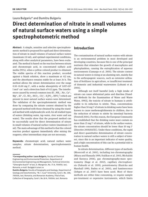 Pdf Direct Determination Of Nitrate In Small Volumes Of Natural Surface Waters Using A Simple