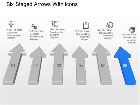 On Six Staged Arrows With Icons Powerpoint Template Graphics Presentation Background For