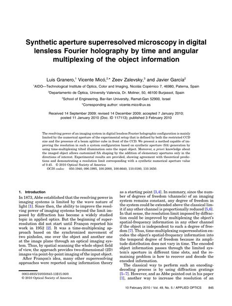 Pdf Synthetic Aperture Superresolved Microscopy In Digital Lensless Fourier Holography By Time