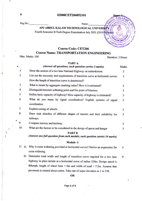 CET Transportation Engineering JULY D Reg No Rc T S R APJ ABDTJL KALAM