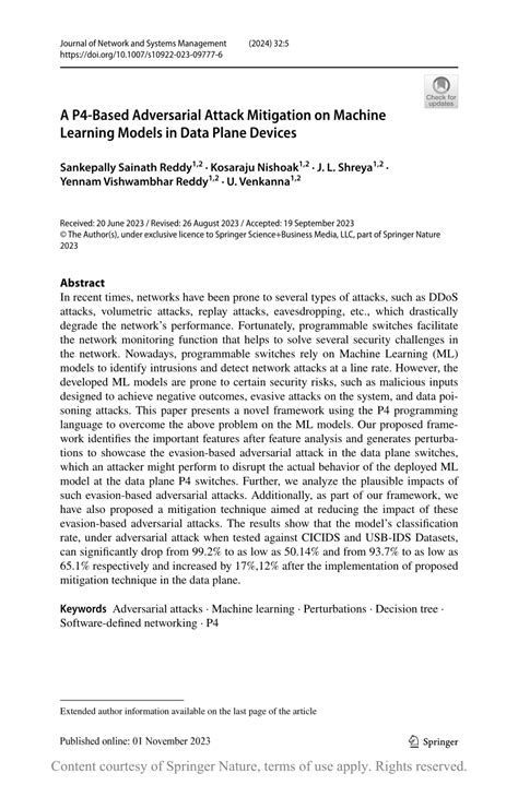 A P4 Based Adversarial Attack Mitigation On Machine Learning Models In