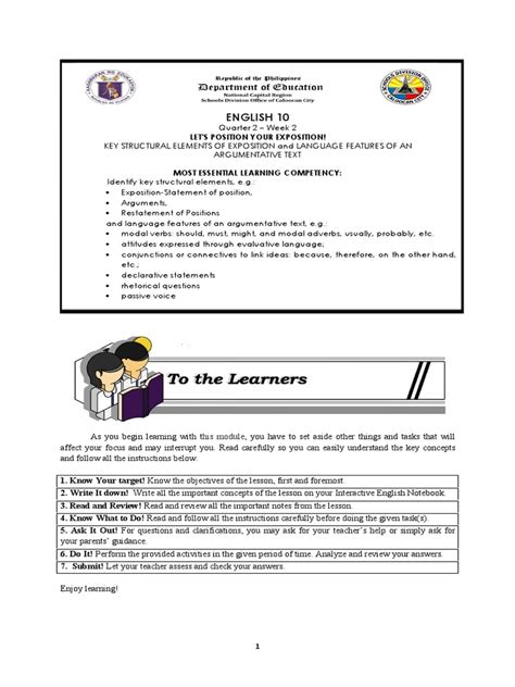 English 10 Q2 Week 2 Validated Pdf Argument Verb