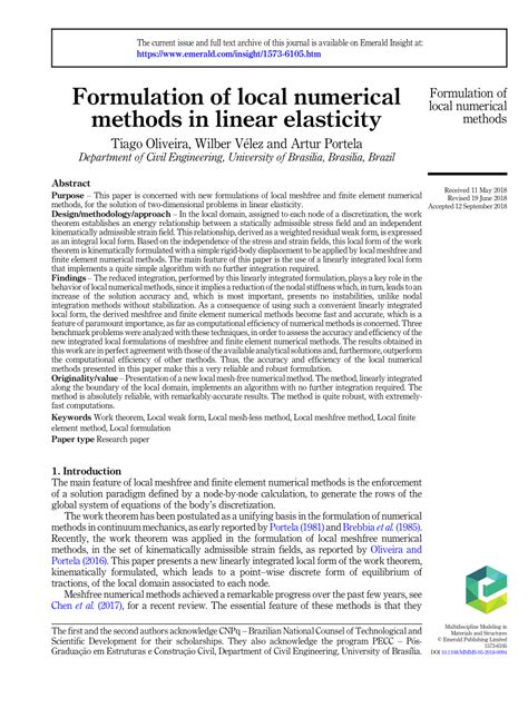 Pdf Formulation Of Local Numerical Methods In Linear Elasticity