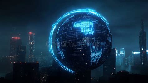 A Futuristic Cityscape With A Glowing Digital Sphere Symbolizing Technological Advancement