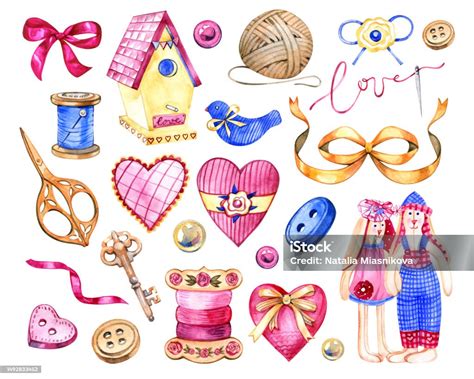 수채화 빈티지 바느질 세트 가위 바늘 스풀 장난감 하트 리본 열쇠 단추 바느질 스튜디오 로고 복고풍 패션 양재 컬렉션 재단사 로고 크리에이터 가위에 대한 스톡 벡터 아트 및