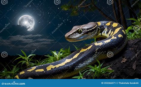 Moonlit Adventure Reticulated Python Slithering Through A Mystical