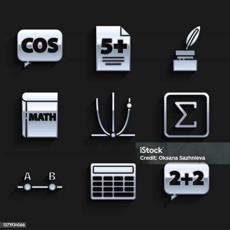 세트 그래프 일정 차트 다이어그램 계산기 방정식 솔루션 시그마 기호 단어 수학책 깃털과 잉크웰 및 수학 기능 코신 아이콘 벡터