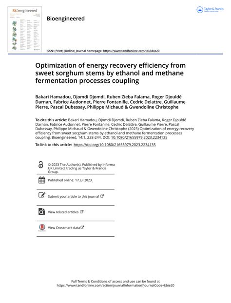 Pdf Optimization Of Energy Recovery Efficiency From Sweet Sorghum Stems By Ethanol And Methane