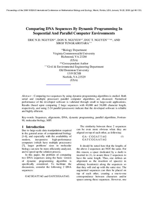 Pdf Comparing Dna Sequences By Dynamic Programming In Sequential And Parallel Computer