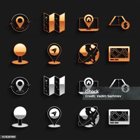 지도 핀 유료 도로 교통 지도가있는 Gps 장치 지구 궤도를 도는 위성 푸시 도시 내비게이션 및 접힌 아이콘을 설정합니다 벡터 거리에 대한 스톡 벡터 아트 및 기타 이미지