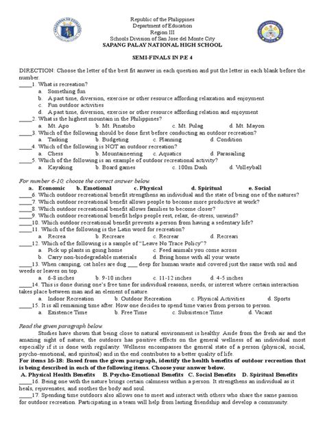 Pe4 Exam Download Free Pdf Outdoor Recreation