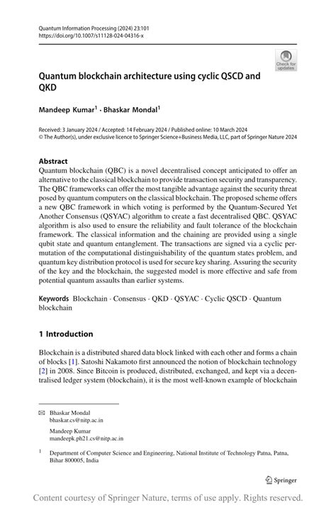 Quantum Blockchain Architecture Using Cyclic Qscd And Qkd