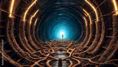 A Figure Approaches A Glowing Exit In A Tunnel Where Organic Root Bridges And Neon Lights Create